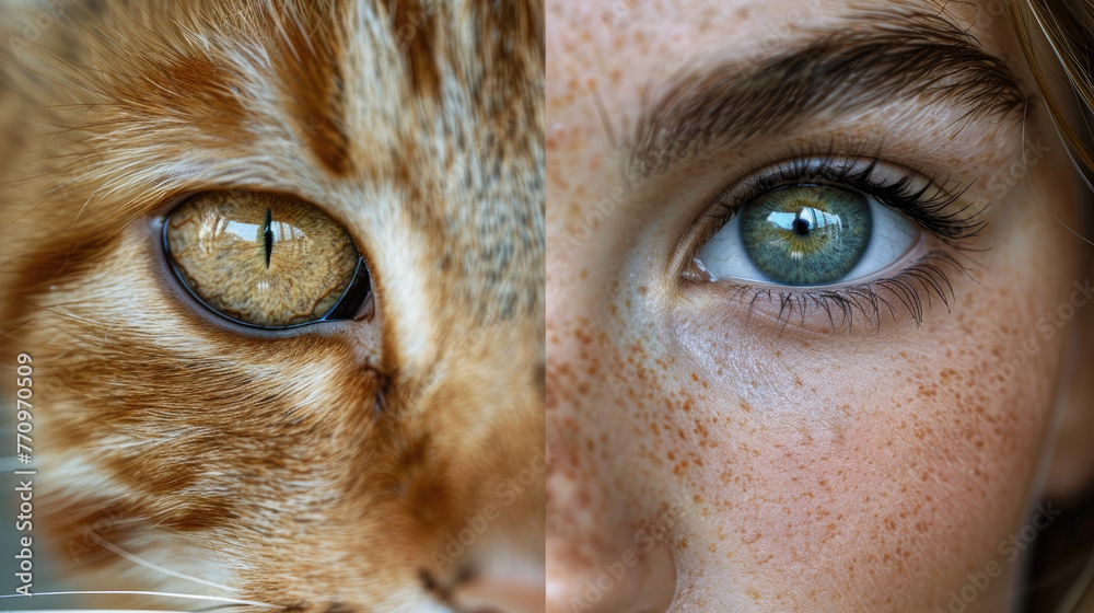 Close-up view comparing a cat's eye and a human eye side by side Stock ...