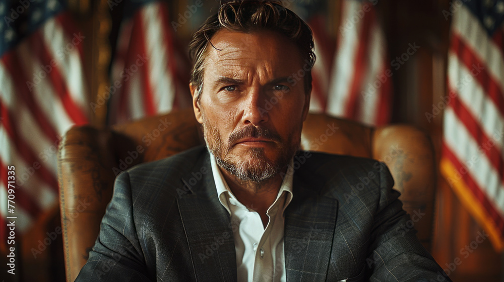 One man sitting on the only chair in the room, three people are ...