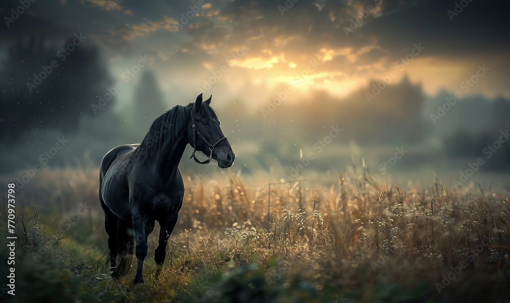 beautiful horses in a impressive beath taking landscape, generative ai ...