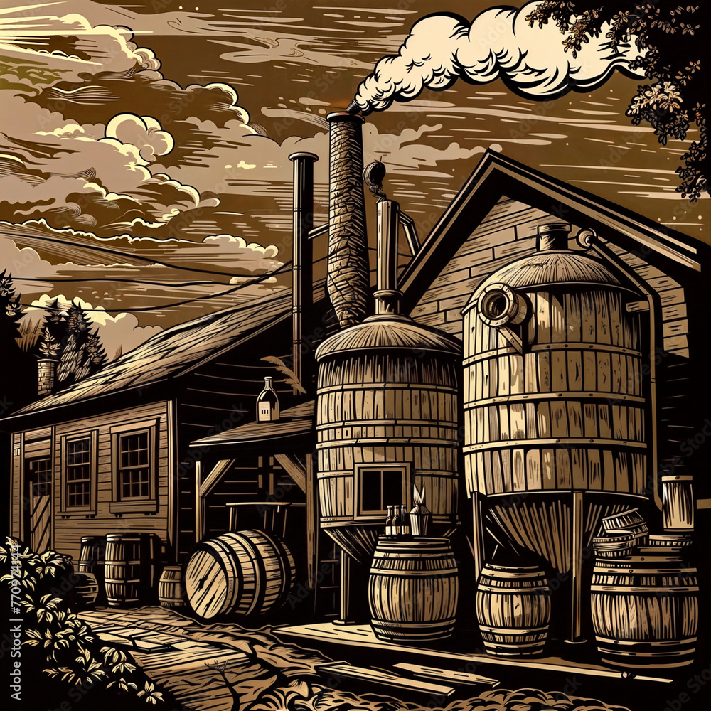 Vintage Distillery Etching, Winery, Brewery, in style of engraving ...