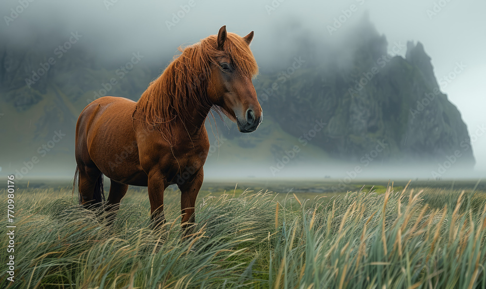 beautiful horses in a impressive beath taking landscape, generative ai ...