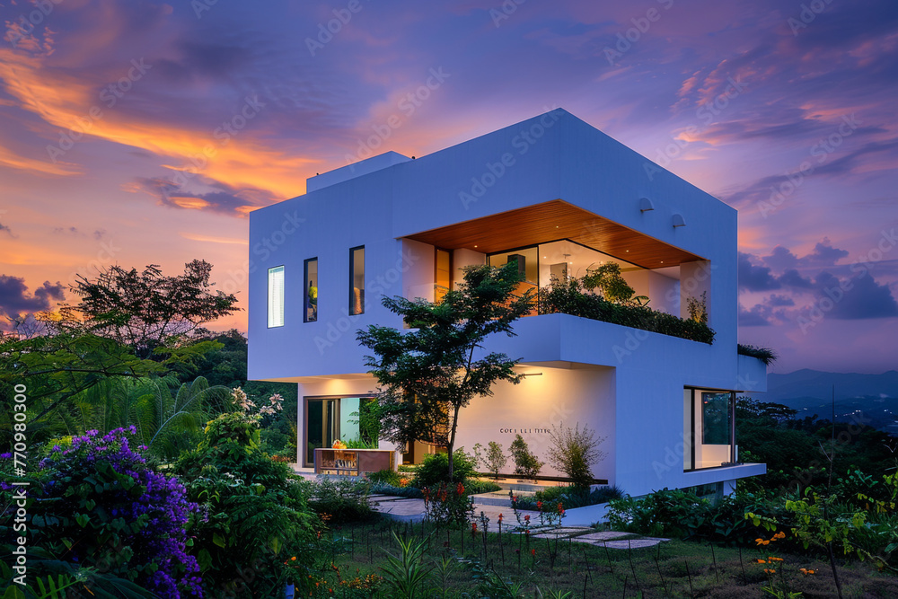 Contemporary white edifice with eco-centric design, nestled in a green ...