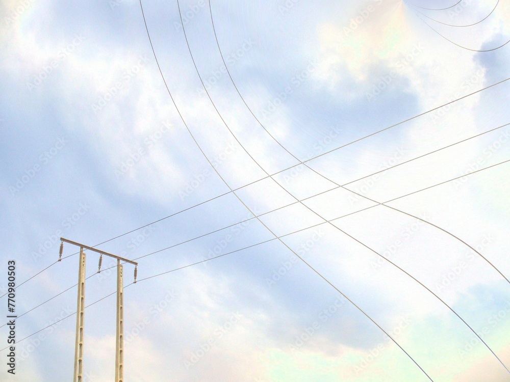 Blue sky with clouds and pole with wires and electricity - graphic with ...