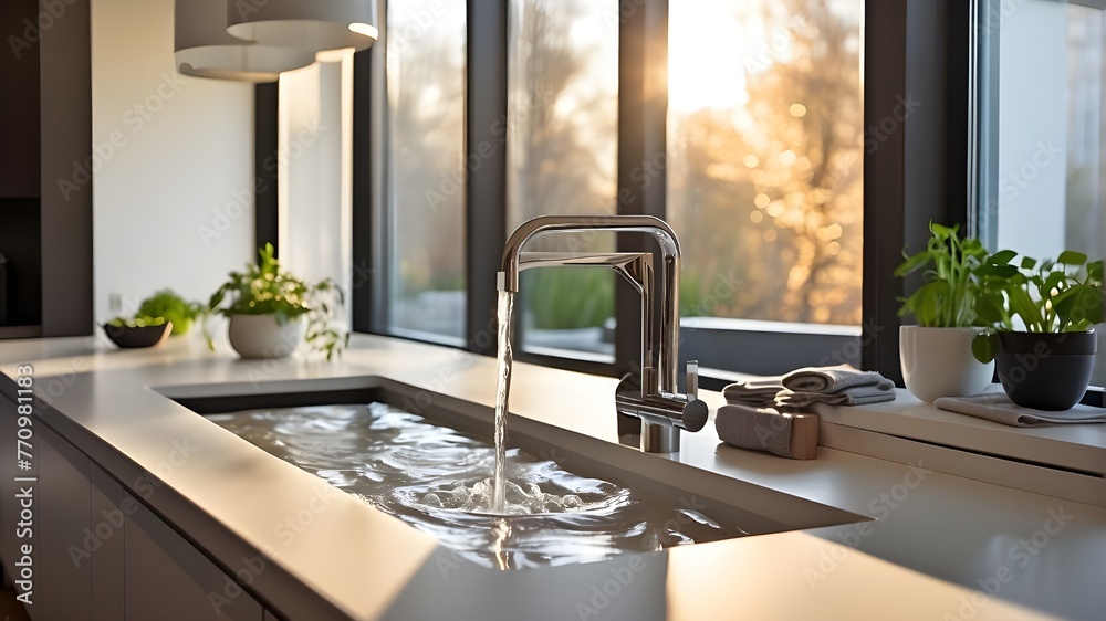 A crystal clear stream of water cascades from the tap in the modern ...