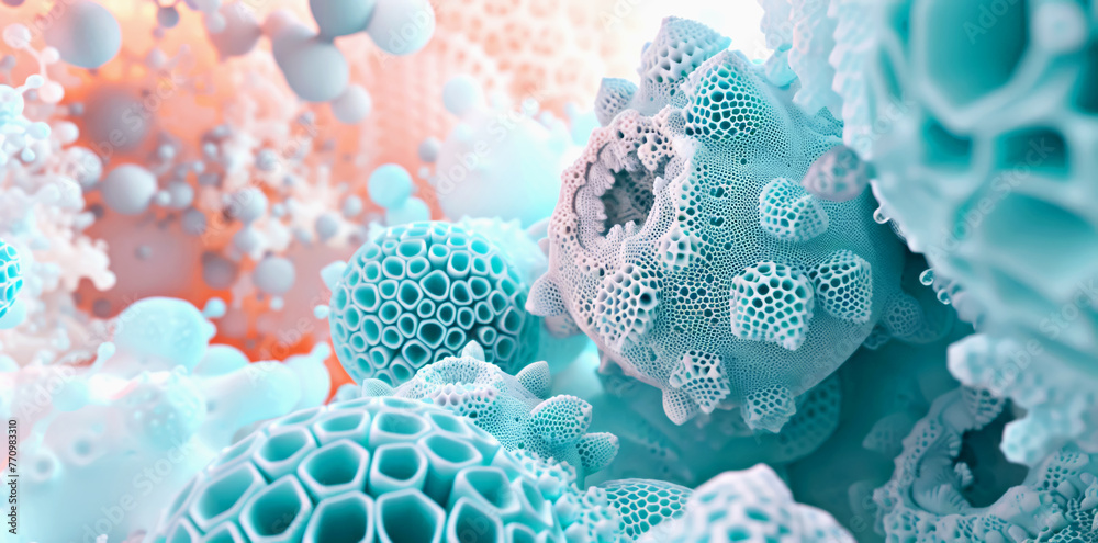 Microscopic coral-like structures in aqua hues evoke an underwater reef ...