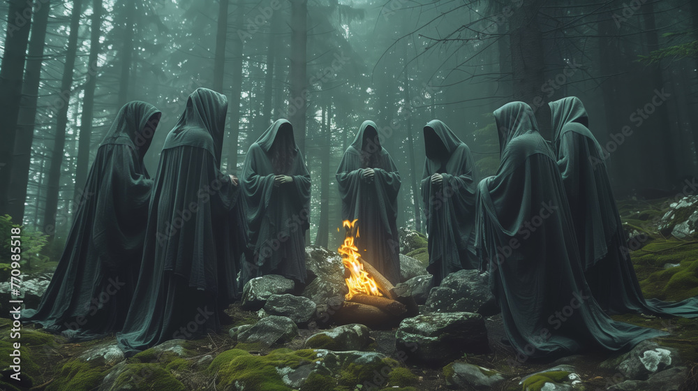 Coven of witches, a group of people as witches or necromancer meet ...