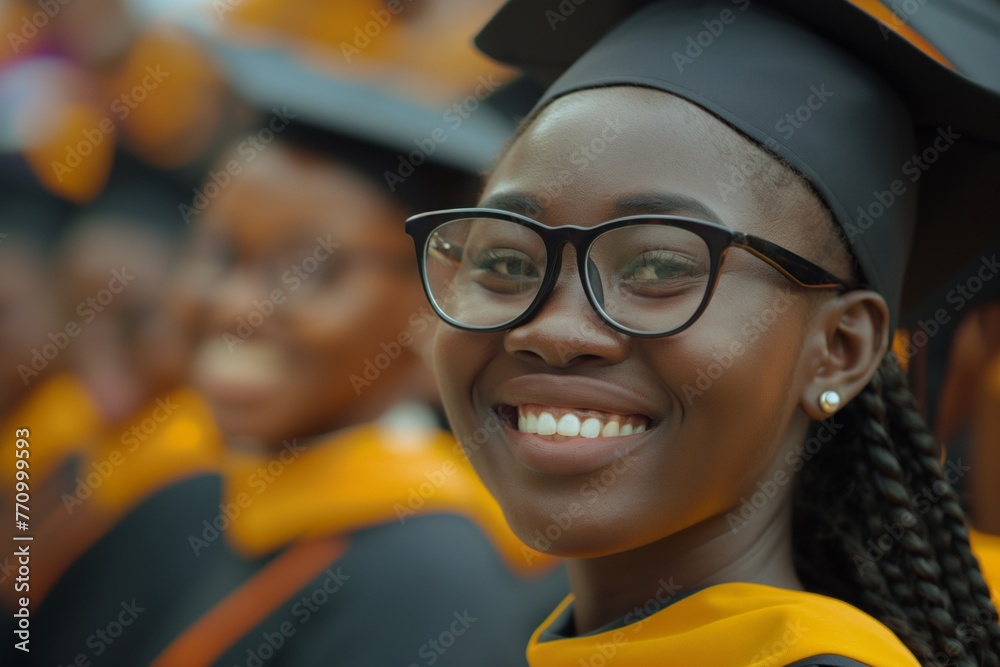 Smiling African American graduates in blue caps and gowns at a ...