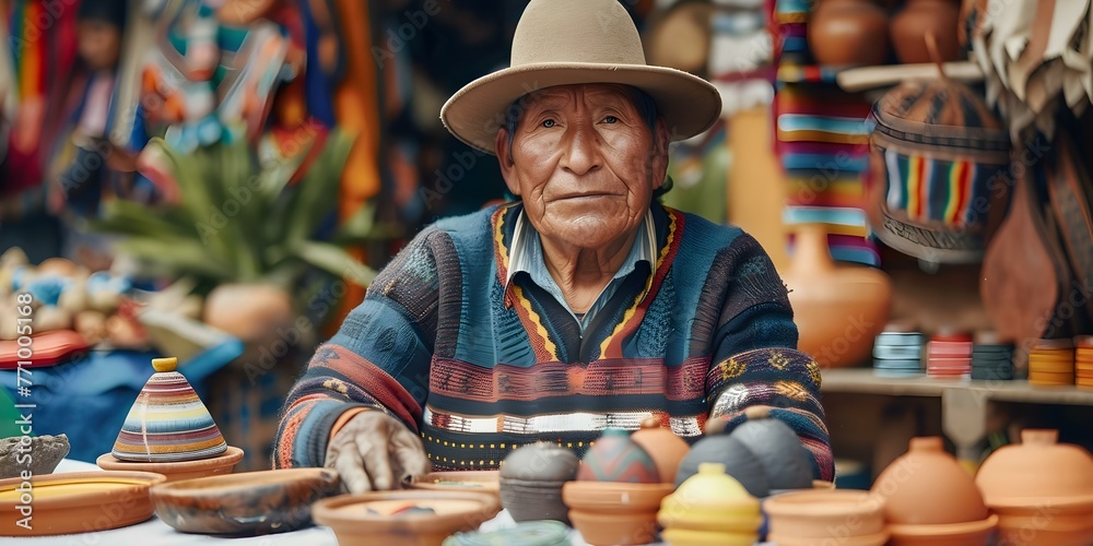Indigenous man in Bolivia preparing crafts to sell at a market in La ...