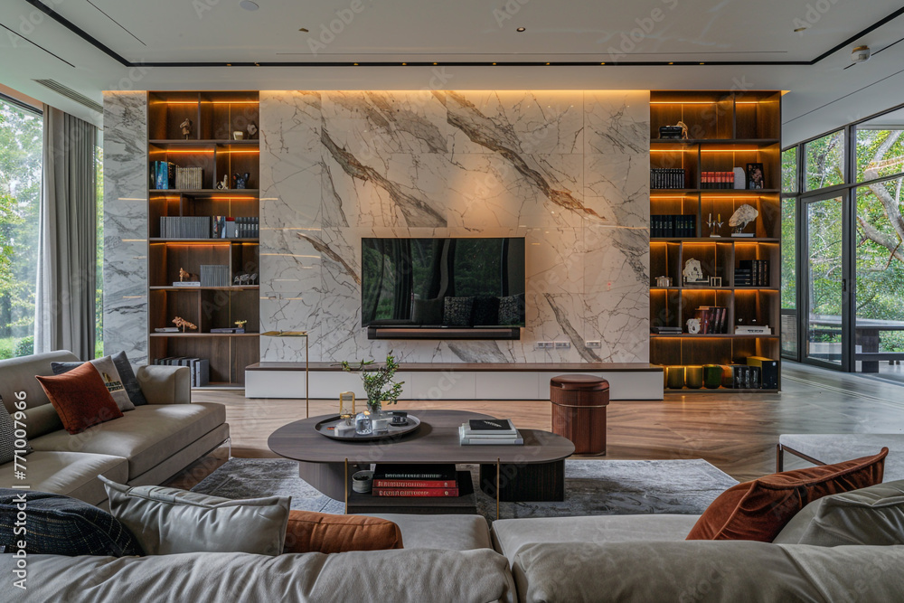 Grand living room in luxurious country house with statement marble wall ...