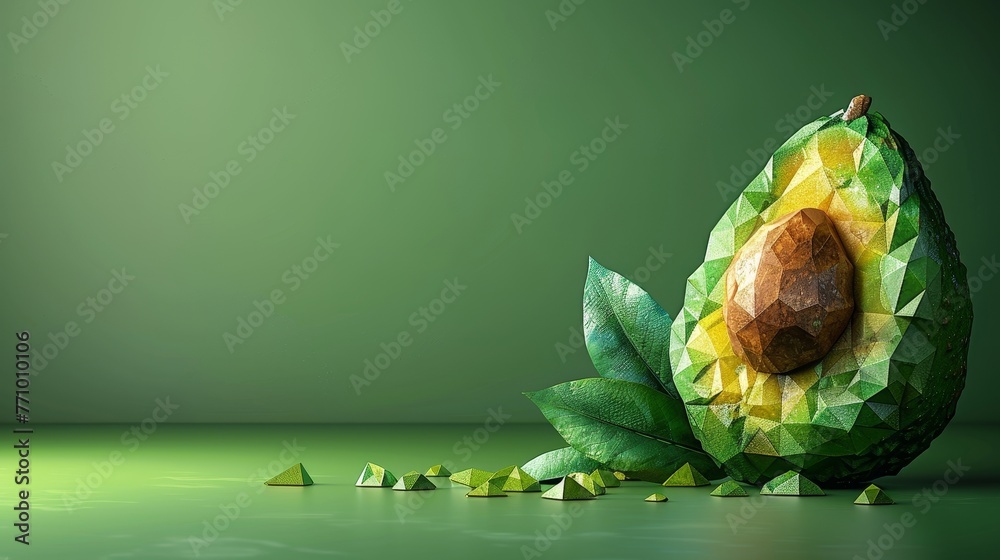 The half avocado low poly illustration. The wireframe triangular cut ...