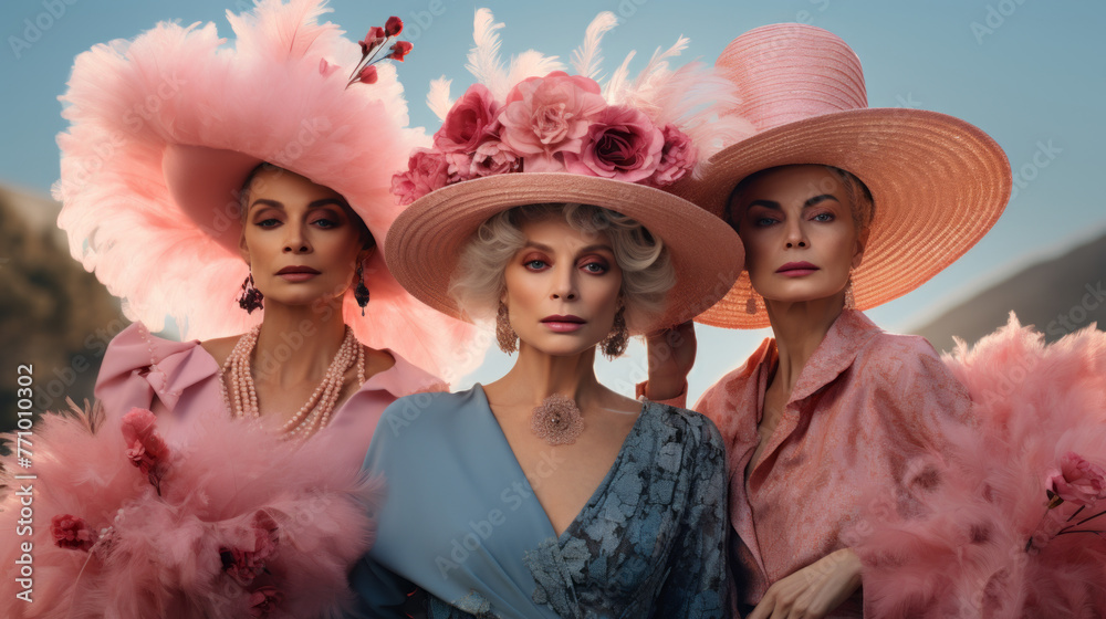 Three older women posing while wearing pink outrageous flat caps hats ...