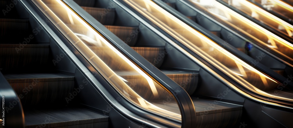 A close up of a row of escalators in a building featuring electric blue ...
