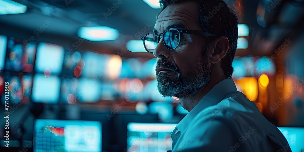 Blurred image of security guards in a control room ready to respond to ...