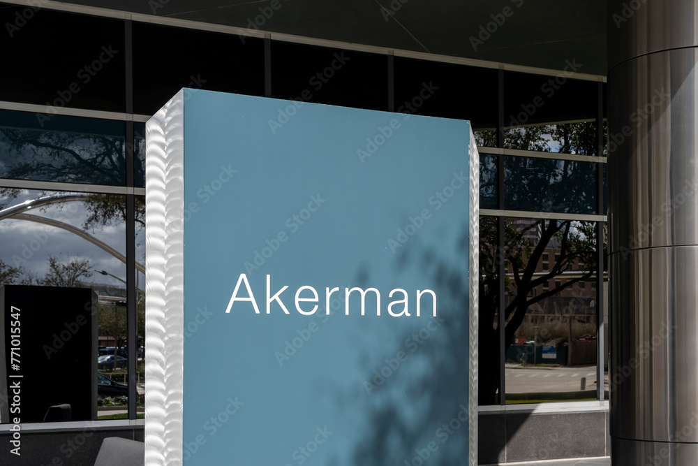 Houston, Texas, USA - February 15, 2022: Akerman’s sign at their office ...