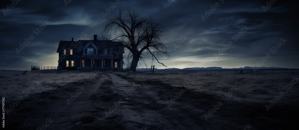 Under the midnight sky, a haunted house is enshrouded by the eerie ...