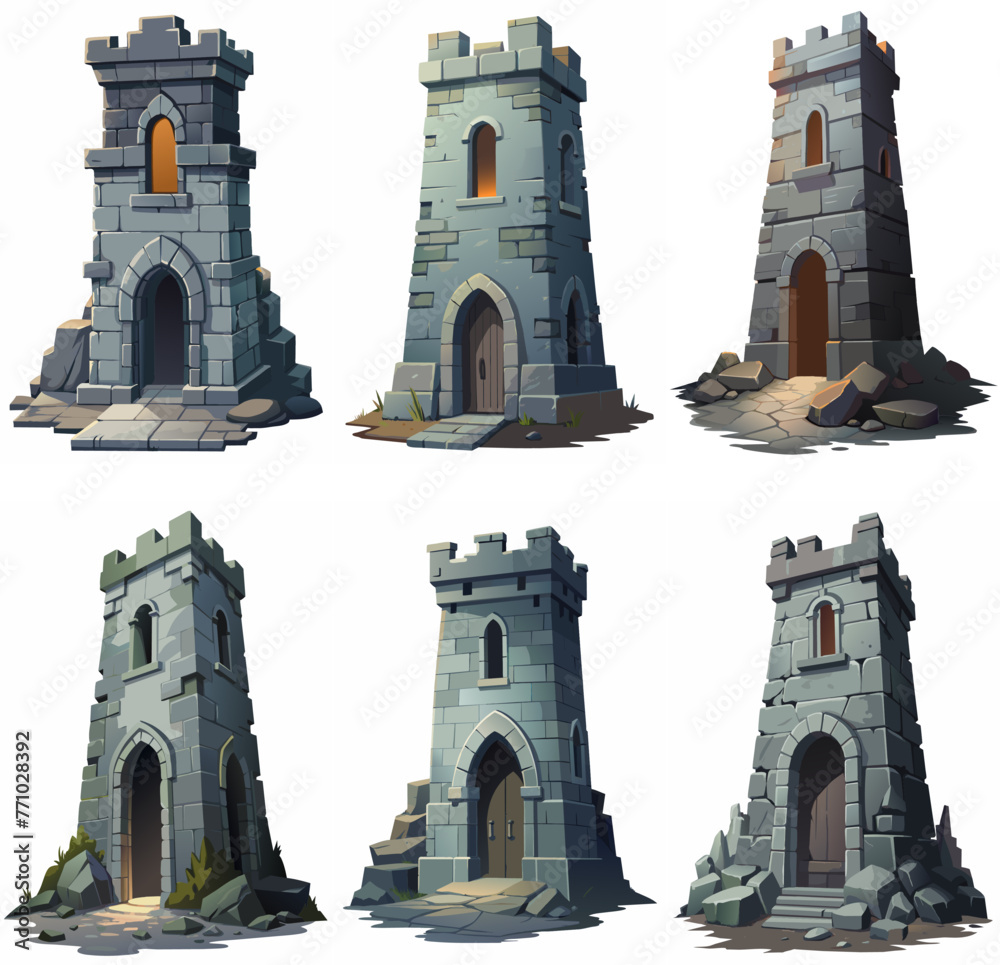 Medieval stone brick tower buildings. Castle gatehouse, fort ...