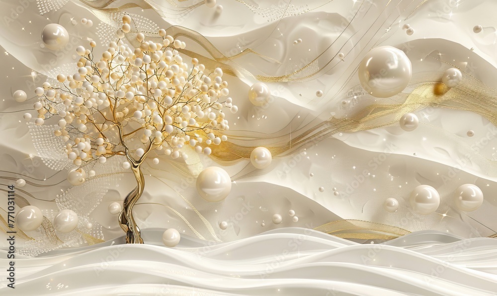 3D wallpaper with golden tree, 3D mural wallpaper gold tree and pearl ...