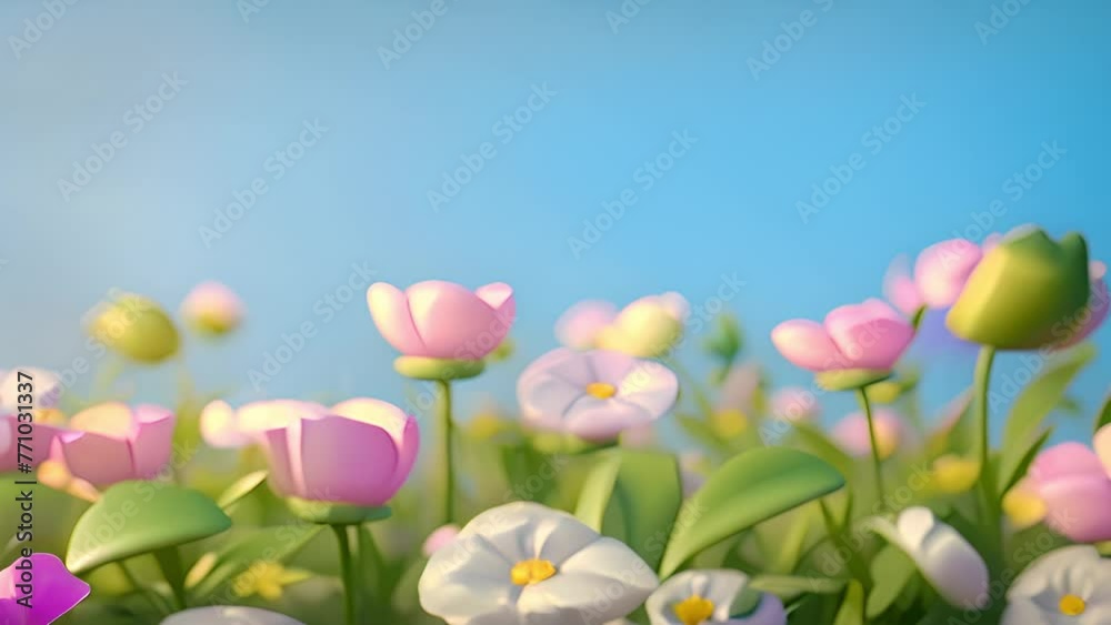 3d Animation cartoon happy spring flowers in blue sky. Fresh Green ...