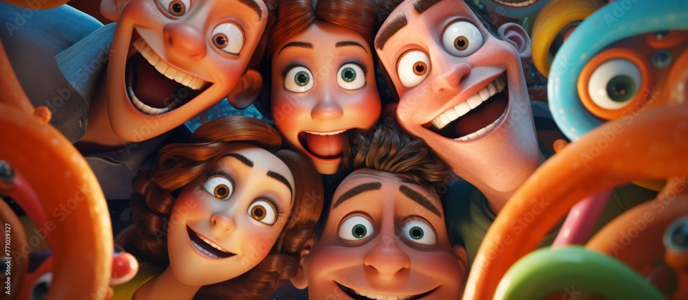 A group of cartoon characters with big smiles, exaggerated noses ...