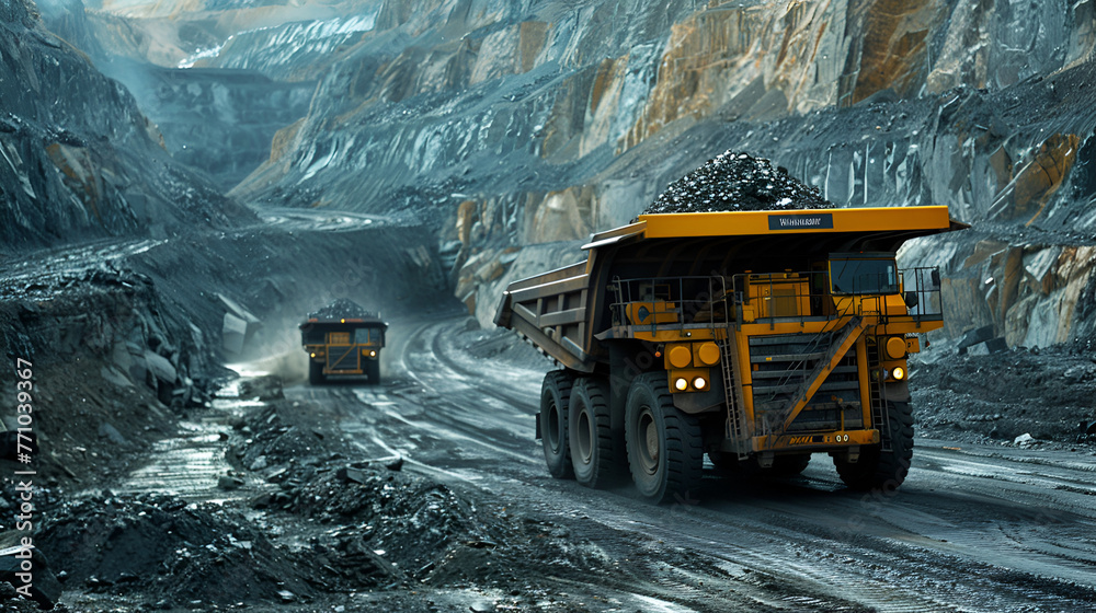 Coal Dump Trucks in an Open Cut Coal Mine, Dump truck carting coal ...