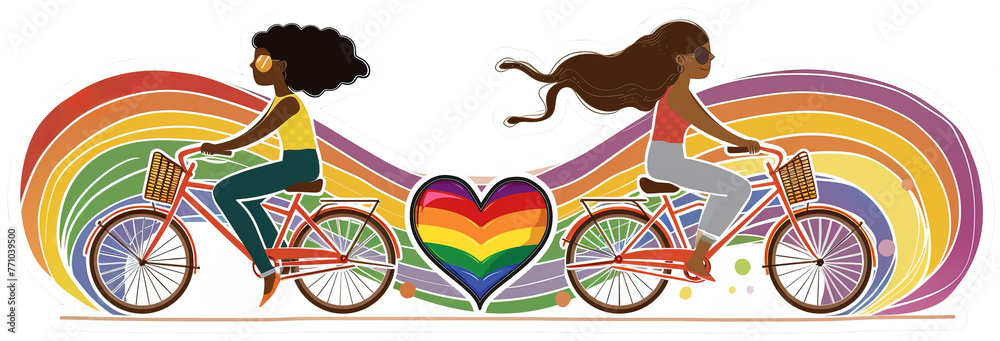 Sticker of two women riding bike over rainbow representing love ...