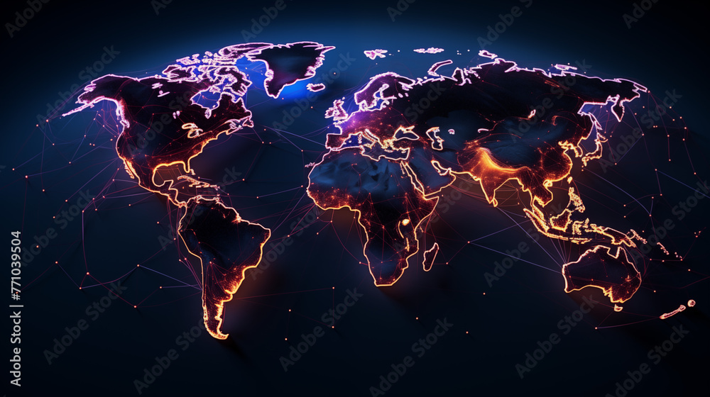Abstract World Map with Electric Neon Outlines and Network - Technology ...