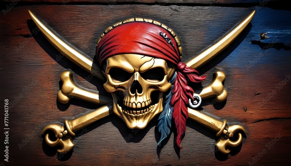 Pirate 3d symbol with skull, red bandana and bones on stone background ...