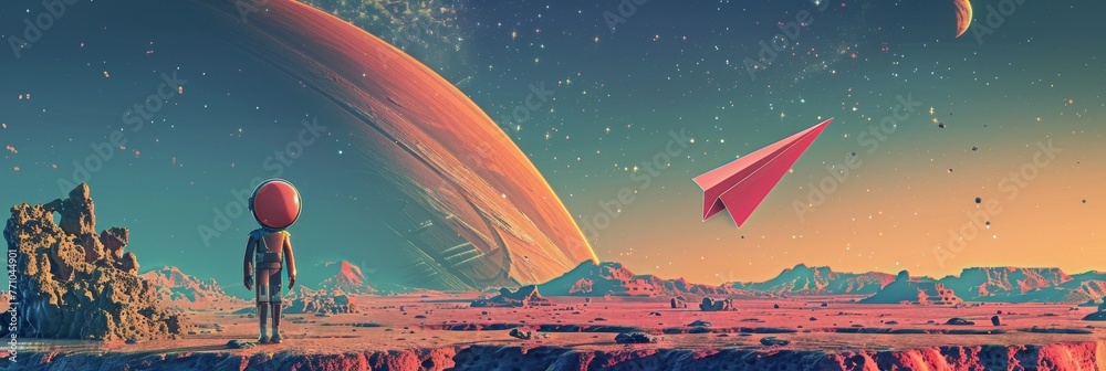 Interplanetary adventure concept, a figure in a spacesuit looking at a ...