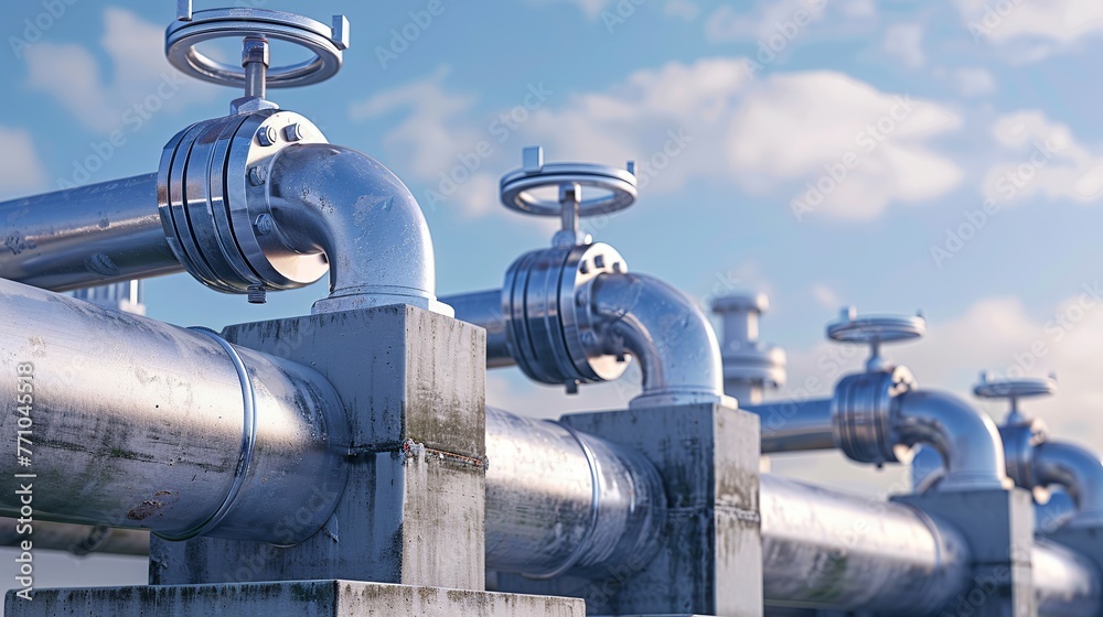 Gas supply pipes supported by concrete. Gas-powered machinery beneath a ...