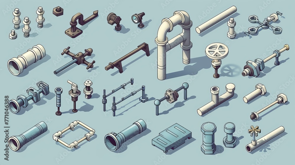 A collection of intricate construction pieces in vector 3D flat ...