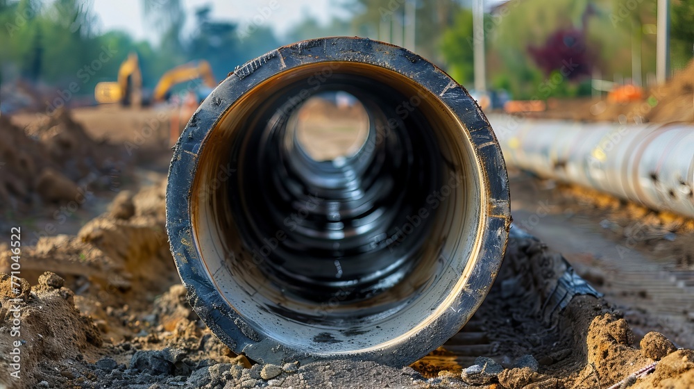 On the construction site are water pipes for the supply of drinking ...