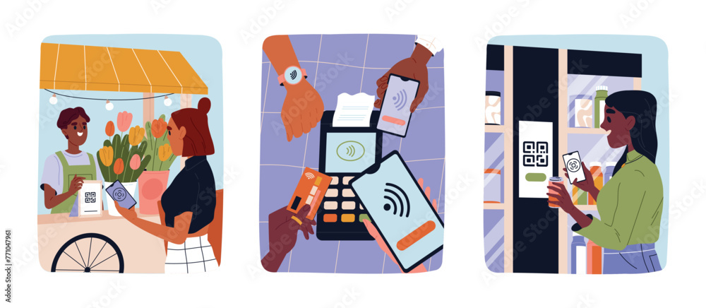 Set of people using cashless payment. Men and women using digital ...