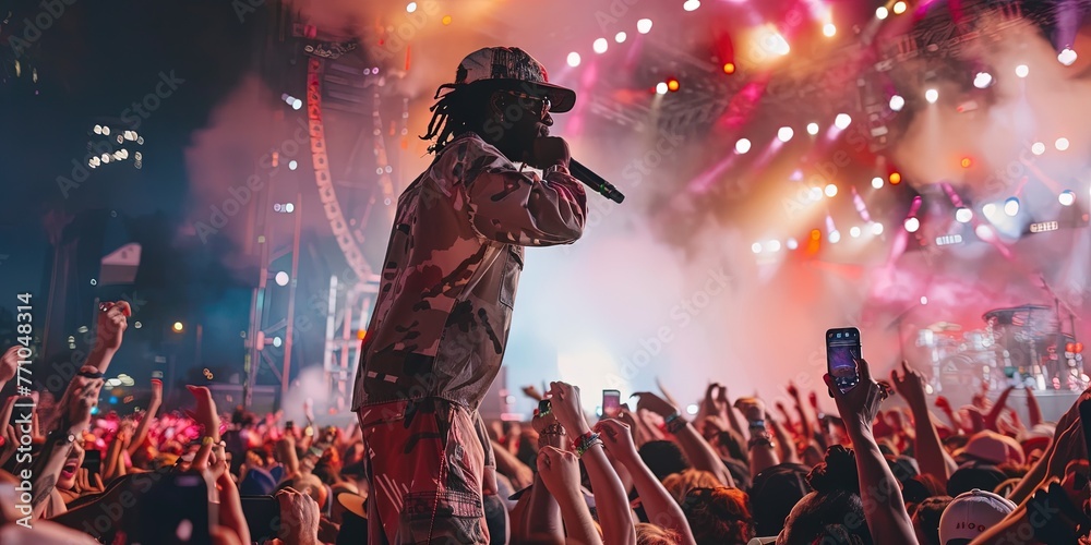 Rapper performing on stage at a summer hip-hop festival. Smoke and ...