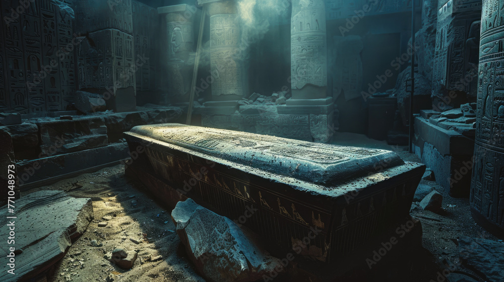 Inside old tomb in Egypt, stone Ancient Egyptian sarcophagus in dark ...