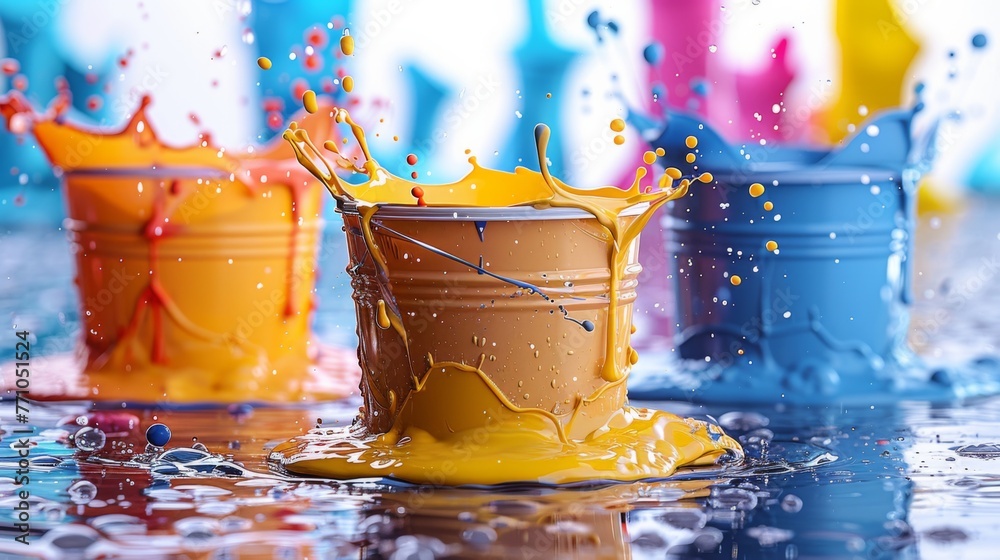 A dynamic photo of paint buckets knocked over, colorful paint splashing ...