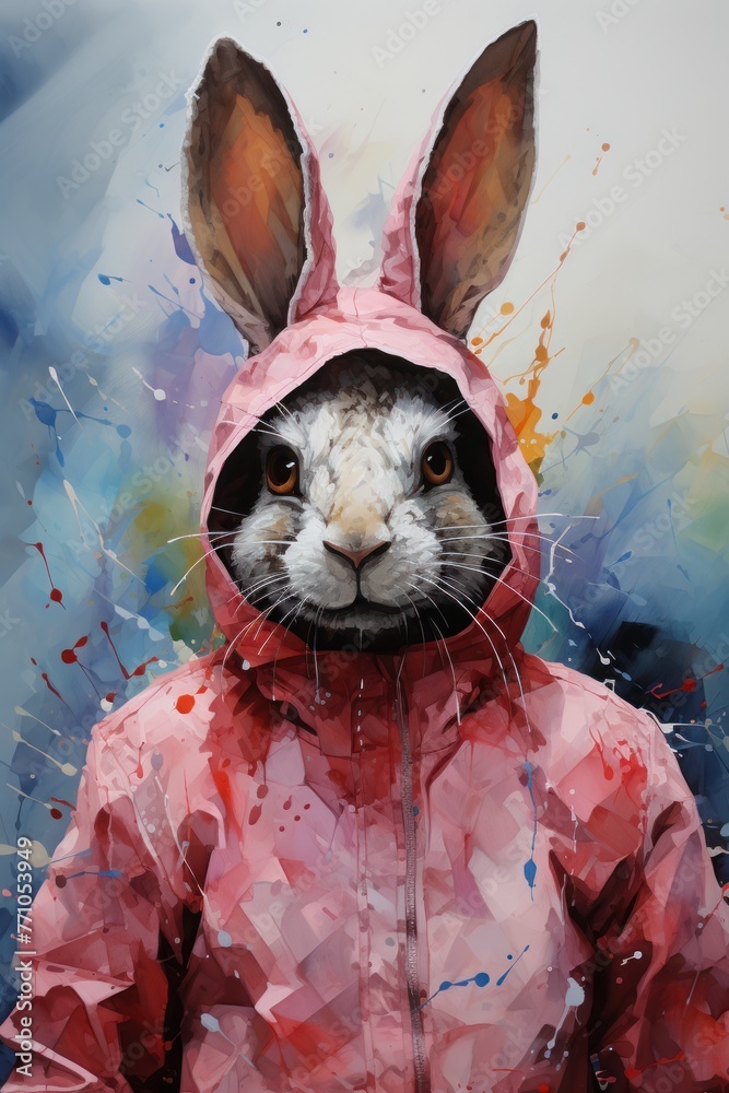 An abstract watercolor depiction of a rabbit donning surreal, eccentric ...