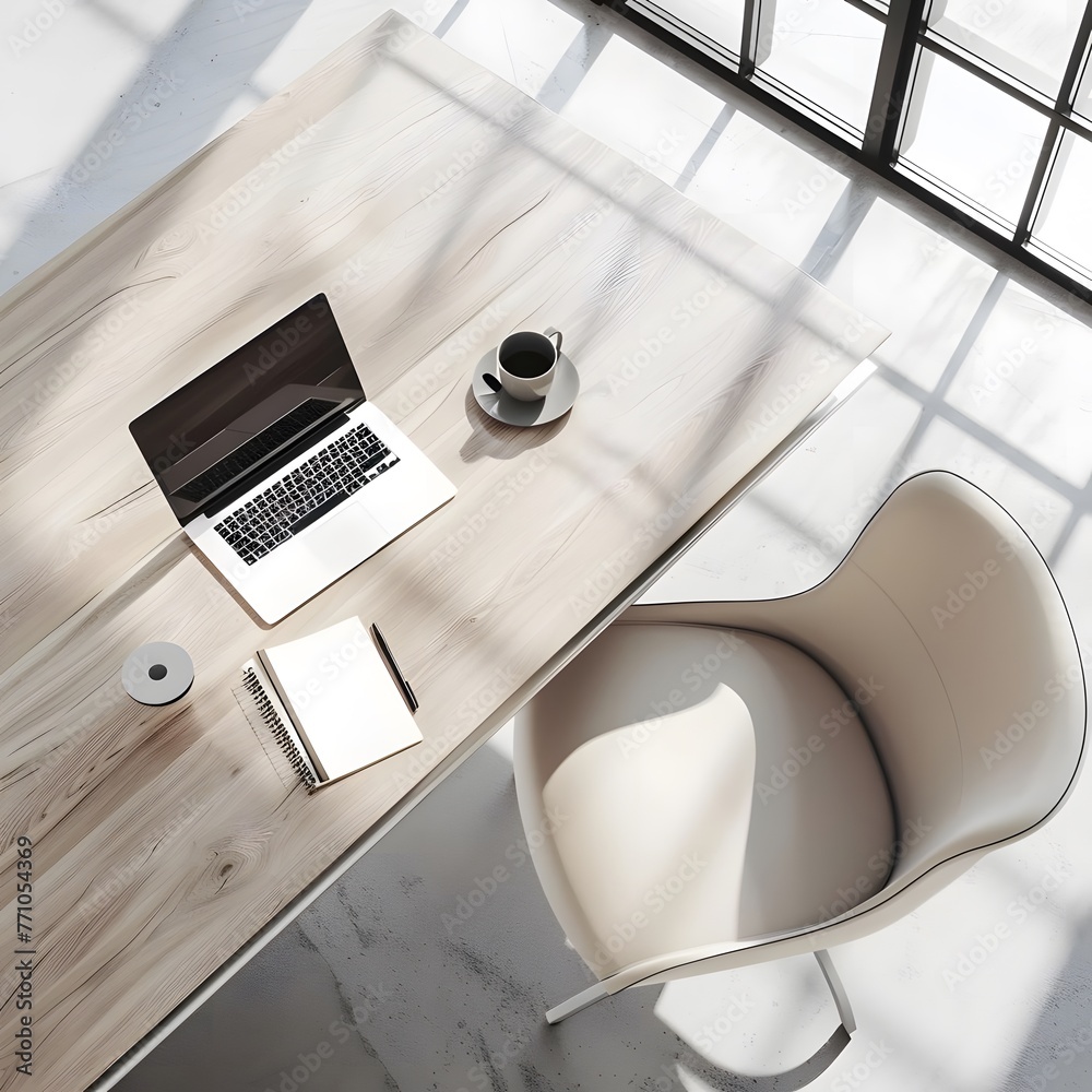 Top view of a modern office table with chair and accessories, giving an ...