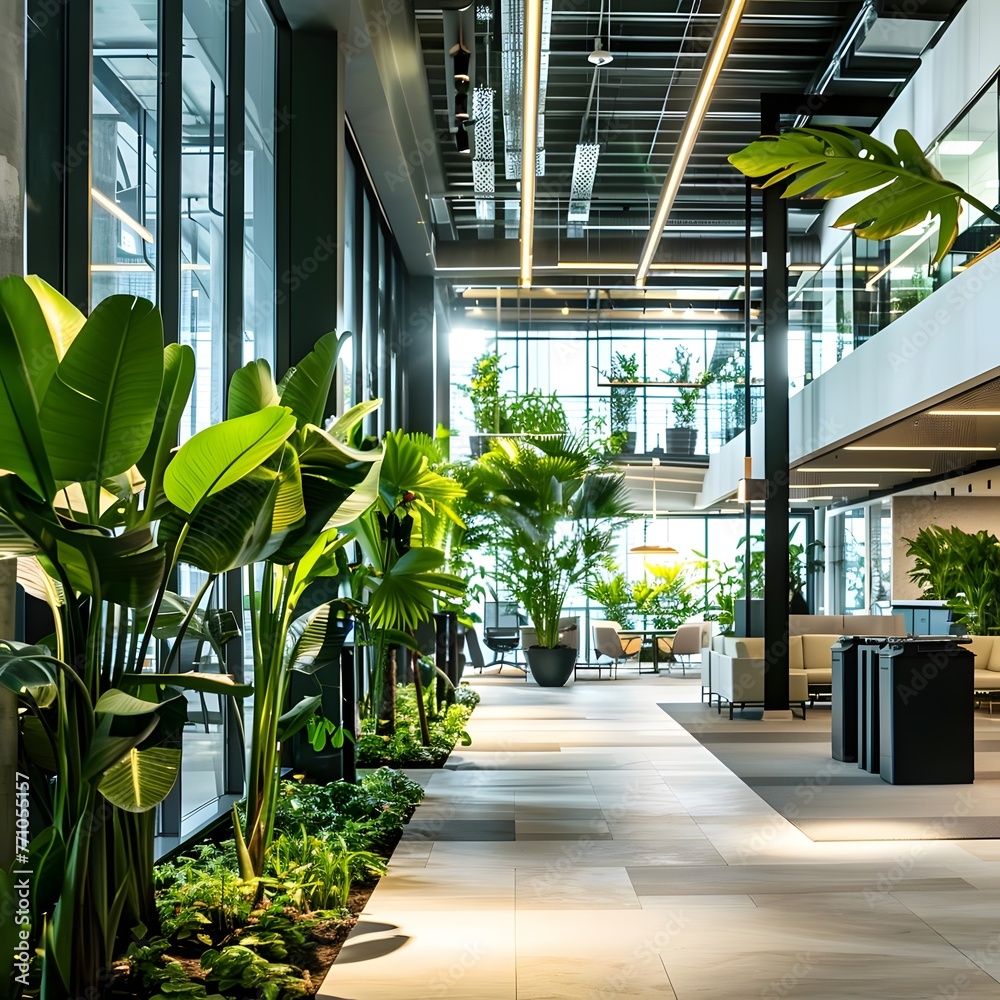 An indoor office space with lush green plants fostering a sustainable ...