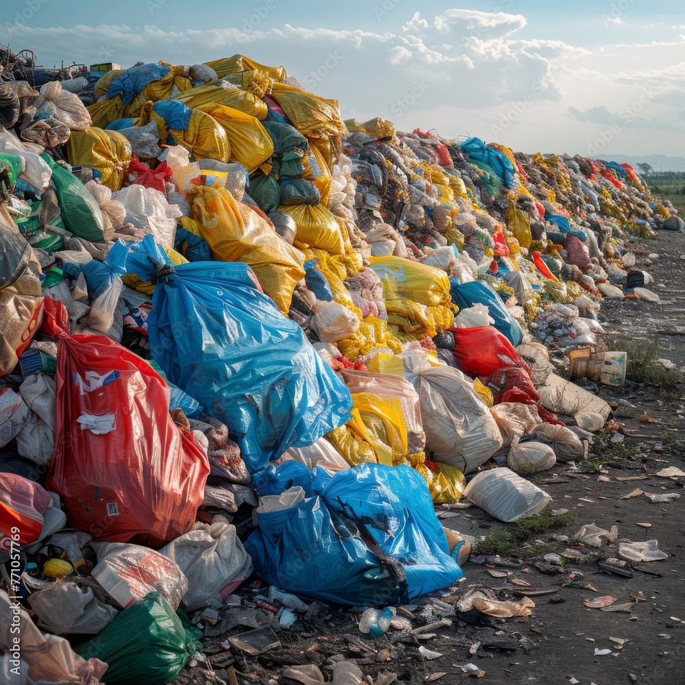 Photo of trash mounds in garbage dump, colorful plastic bags waste ...
