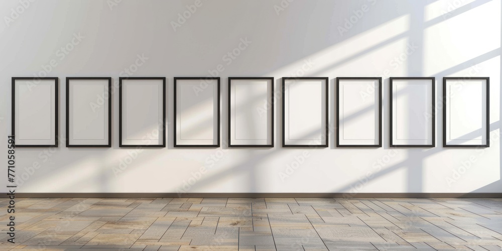 Multiple blank frames are suspended on a white wall, offering an ideal backdrop for creative ...