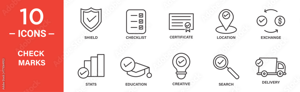 Vetor de check marks icon set. shield, checklist, certificate, location ...