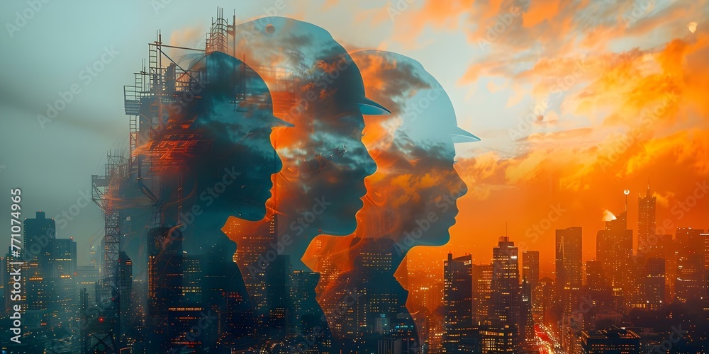A double exposure image showing construction workers and modern civil ...