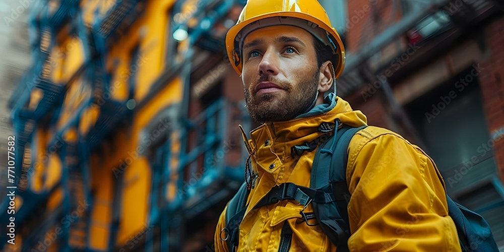 Construction engineer working on a highrise building with safety ...