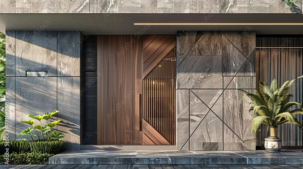 A bold, geometric main door with clean lines and asymmetrical patterns ...