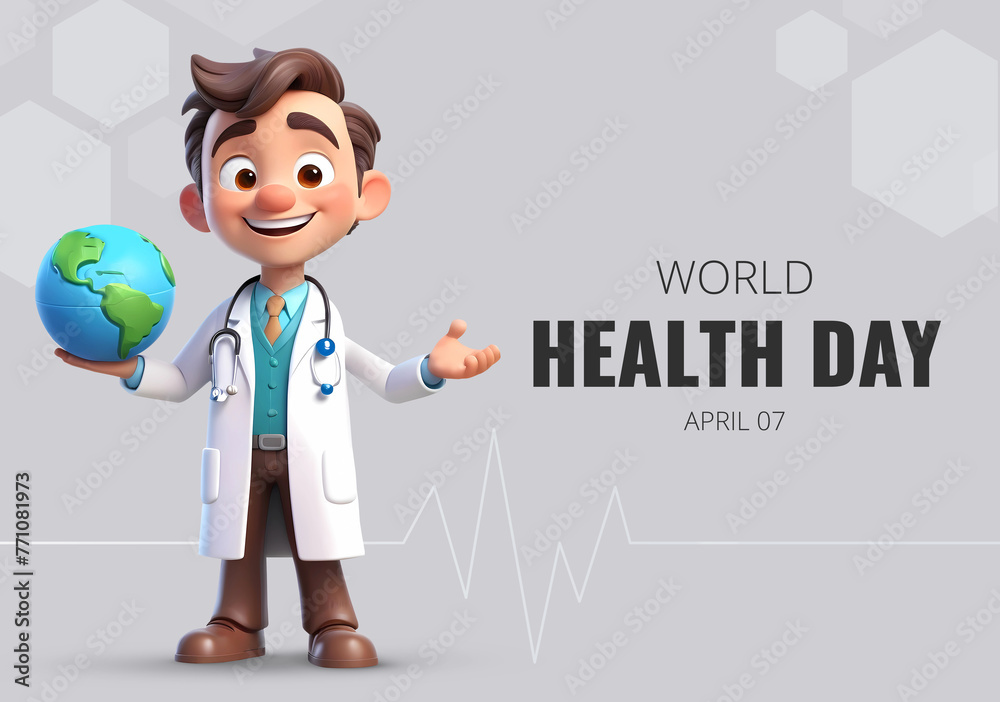 World health day background with 3d rendering doctor cartoon character ...