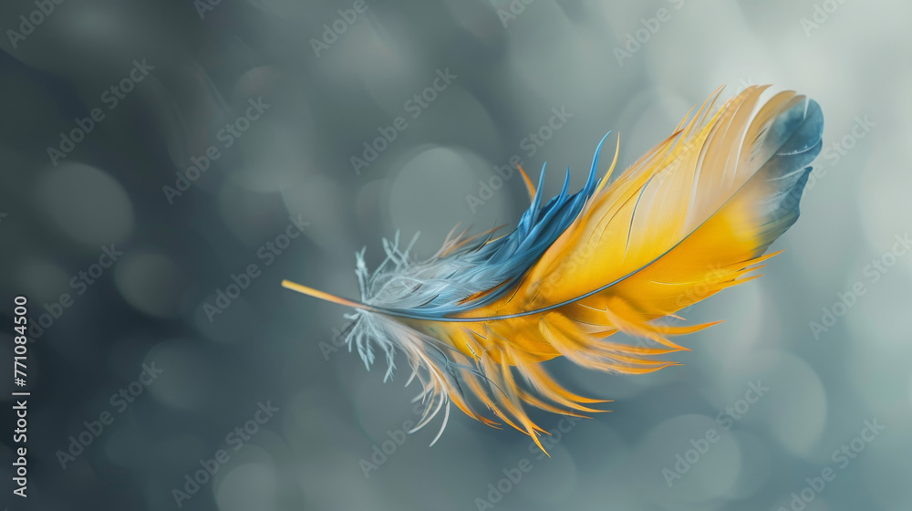 Vivid blue and yellow feather floating effortlessly, bokeh lights ...