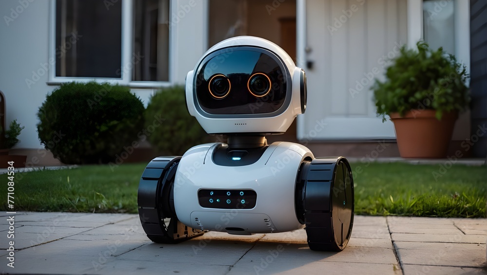 A modern, white robot with expressive digital eyes sits outdoors on a ...