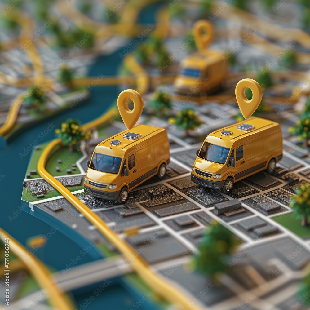 Close-up of a GPS map with animated delivery vans moving along the ...