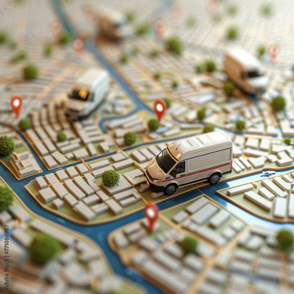 Close-up of a GPS map with animated delivery vans moving along the ...