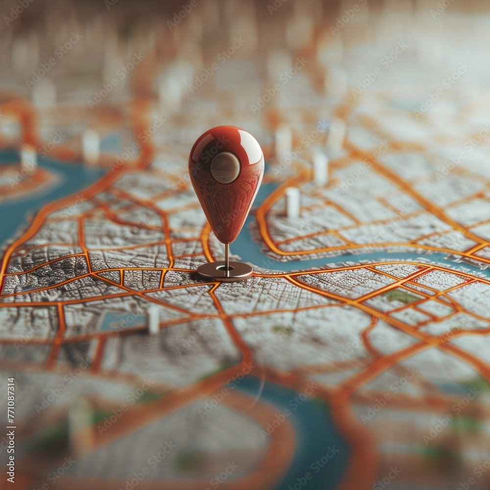 Macro shot of a map with a 3D GPS pin over a delivery location ...